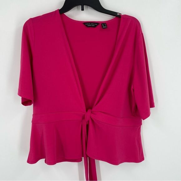 Susan Graver Tops Susangraver Womens Short Sleeve Tie Front Peplum